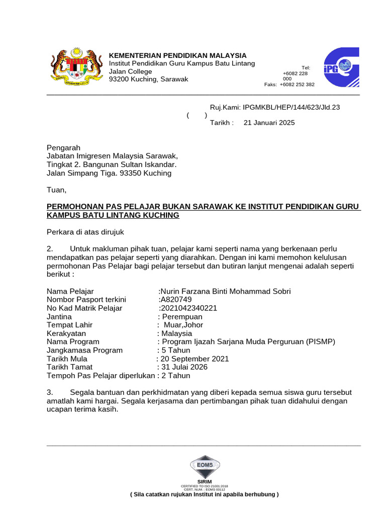 Surat Sokongan Permohonan Pas Pelajar Ipgkbl Tahun 2025 | PDF