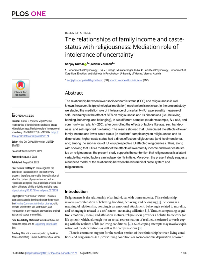 relationships of family income and castestatus with religiousness | PDF ...