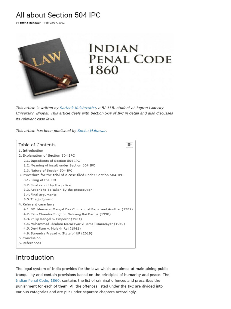 All about Section 504 IPC - iPleaders | PDF | Common Law | Criminal Justice