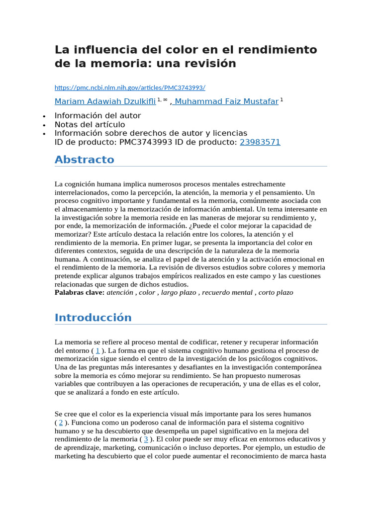 La Influencia Del Color en El Rendimiento de La Memoria | PDF | Memoria ...