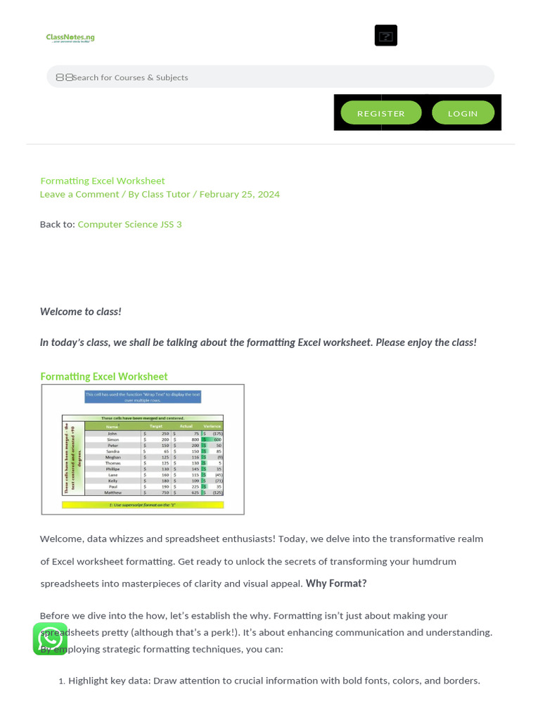 FormattingExcelWorksheet ClassNotes - NG | PDF | Spreadsheet ...