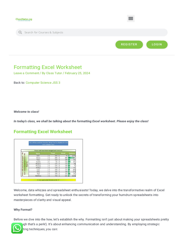 FormattingExcelWorksheet ClassNotes - NG 1723416422014 | PDF ...