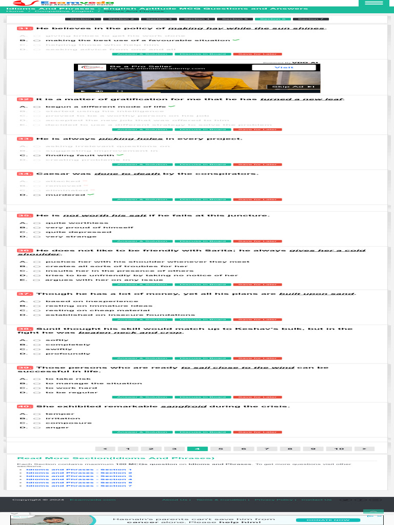 Idioms and Phrases - English Aptitude MCQ Questions and Answers Page-4 ...