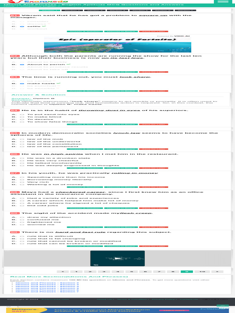 Idioms and Phrases - English Aptitude MCQ Questions and Answers Page-9 ...