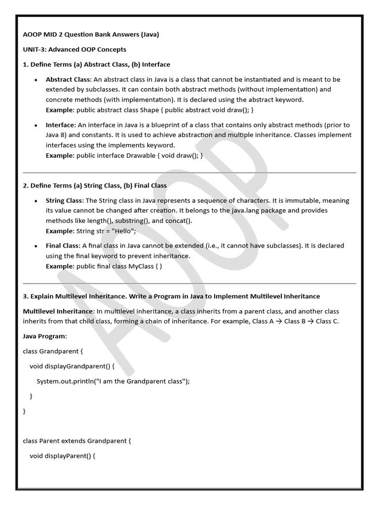AOOP MID 2 Question Bank Answers | PDF | Class (Computer Programming ...