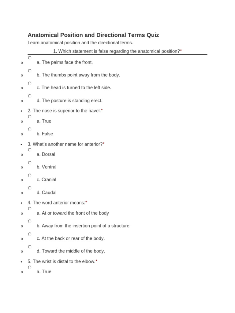 Anatomical Position and Directional Terms Quiz | PDF | Anatomical Terms ...
