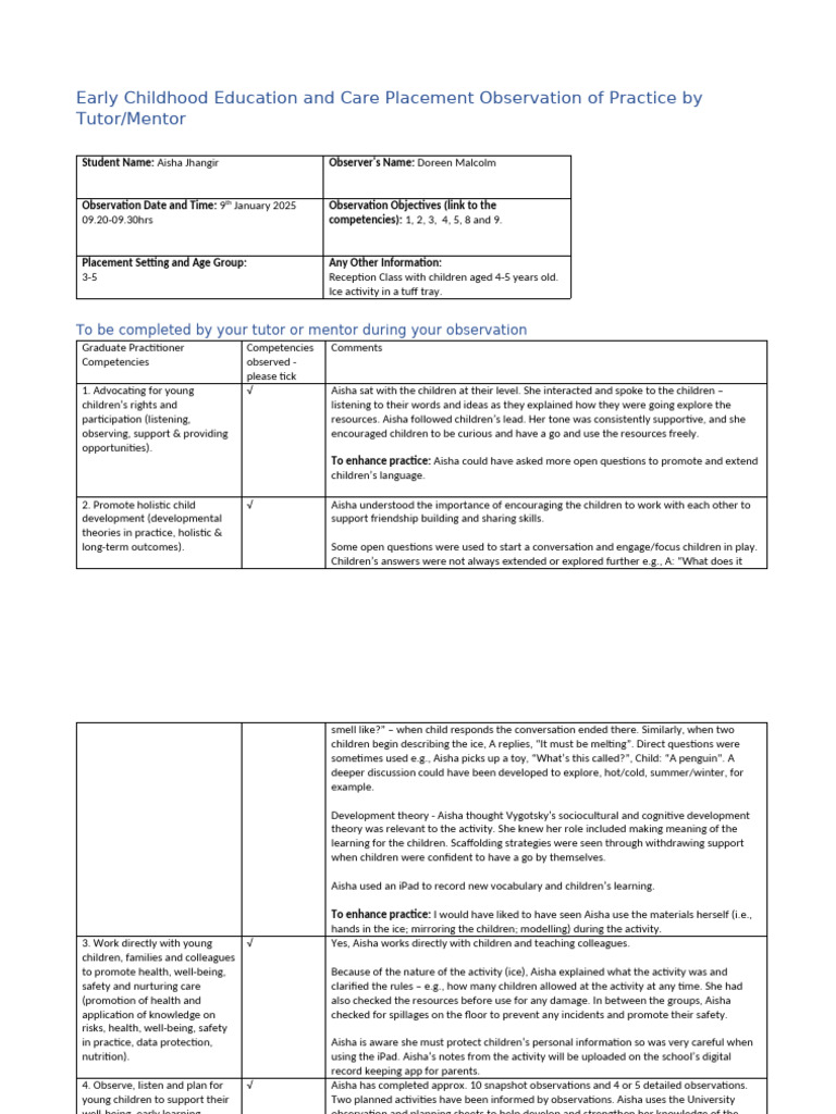 Aisha Jhanjir Tutor, Mentor Observation Form Year 2 | PDF | Learning ...