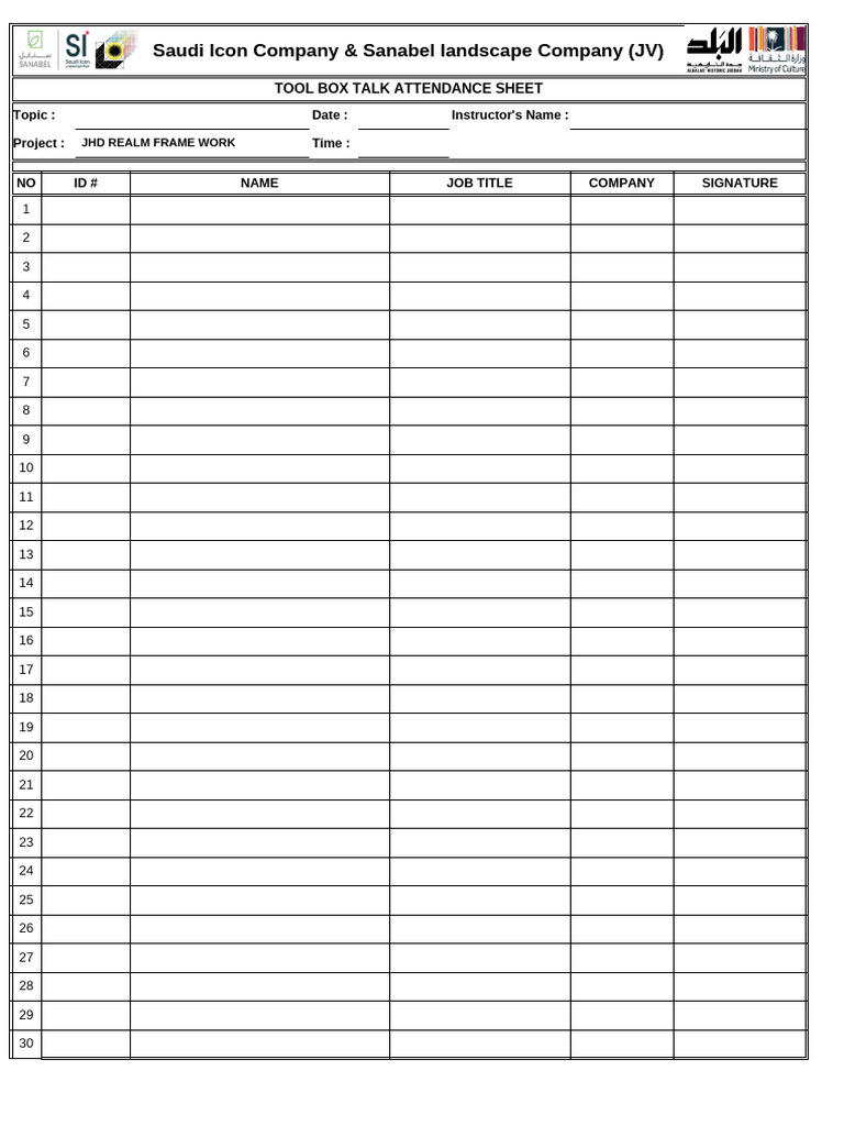 Tool Box Talks Attendance Sheet | PDF