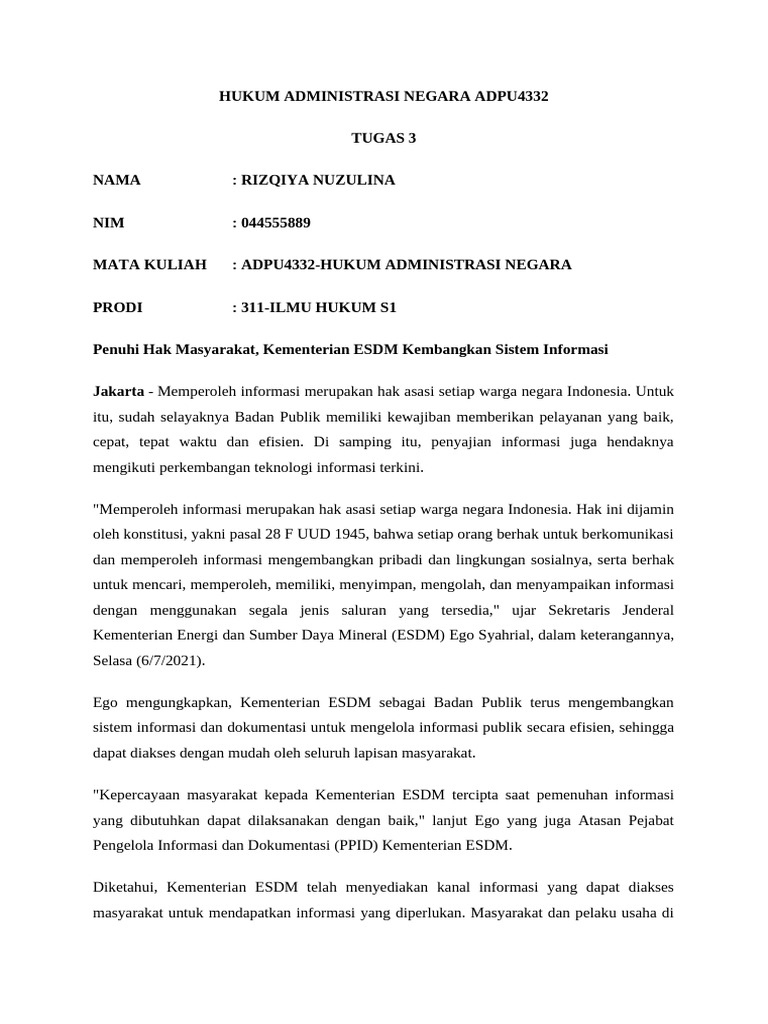 HUKUM ADMINISTRASI NEGARA ADPU4332 Tugas 3 | PDF