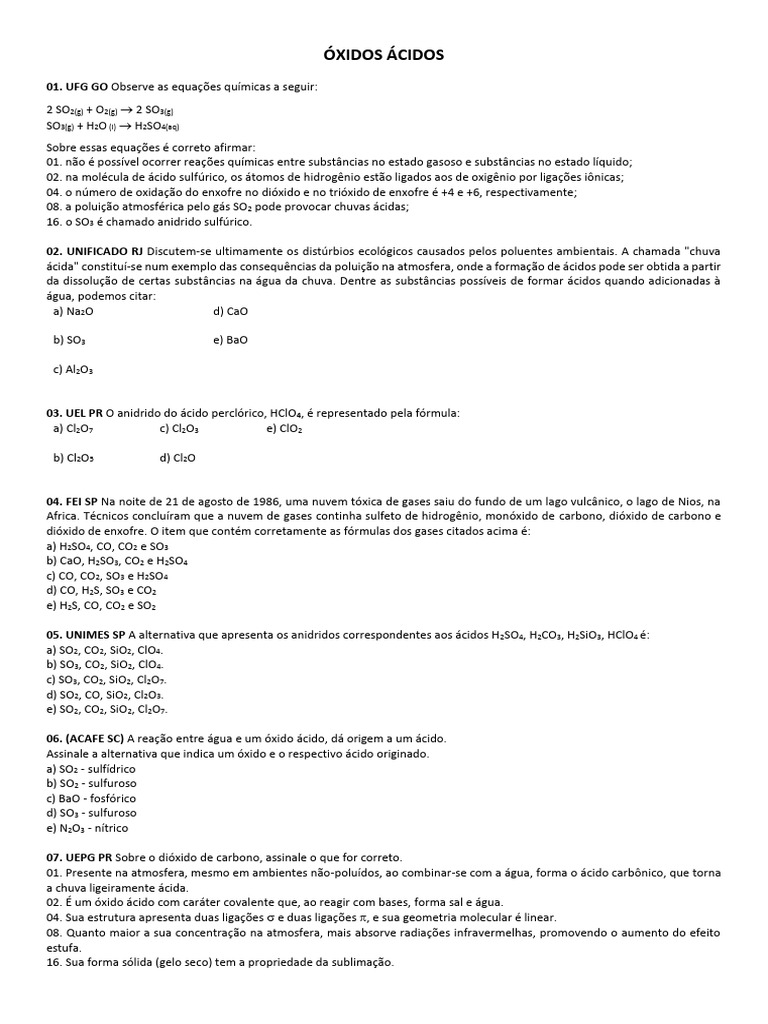 Lista Óxidos Ácidos | PDF | Dióxido de carbono | Dióxido de enxofre