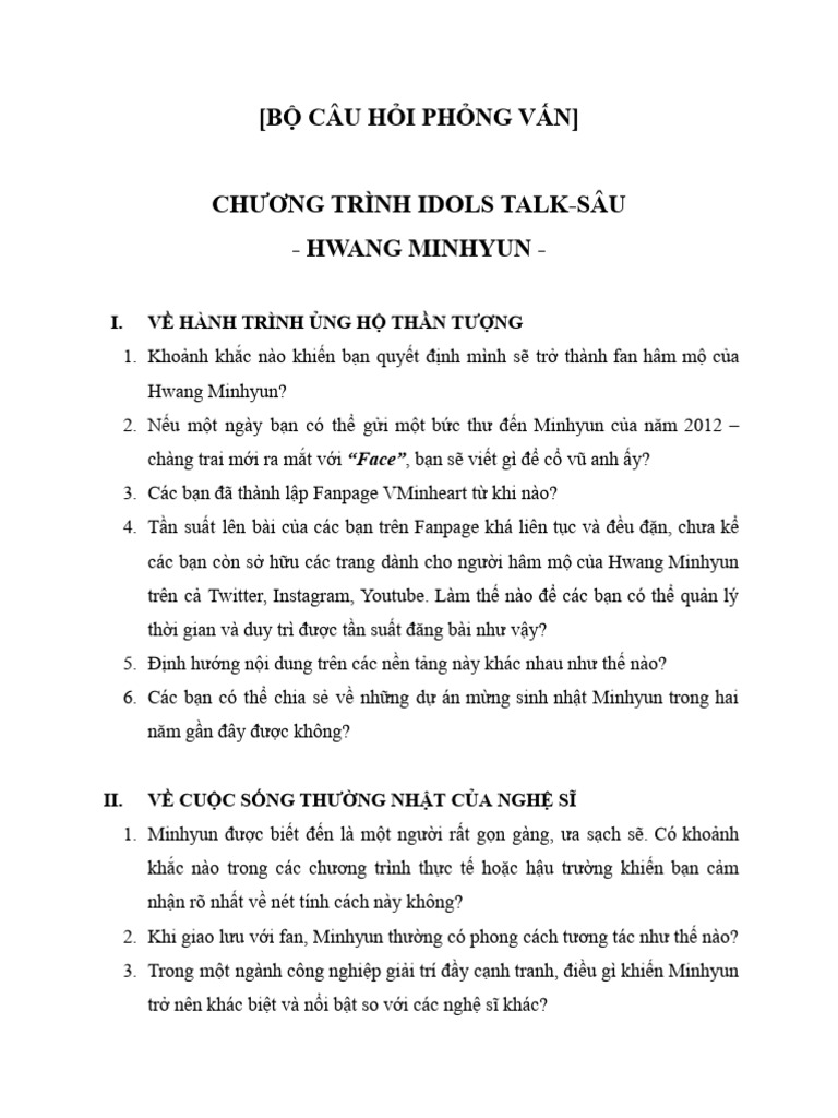 (Hwang Minhyun) Bộ Câu Hỏi Phỏng Vấn | PDF