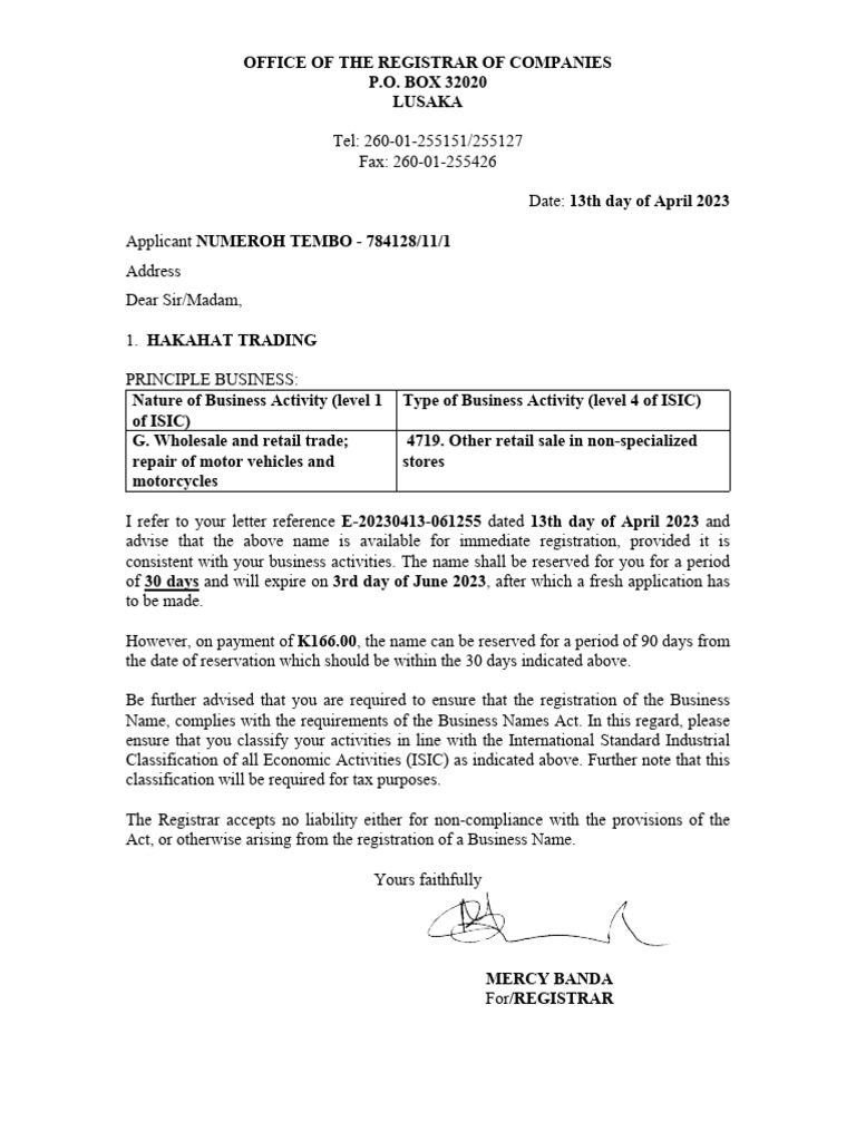 Name Clearance Letter 601076 | PDF