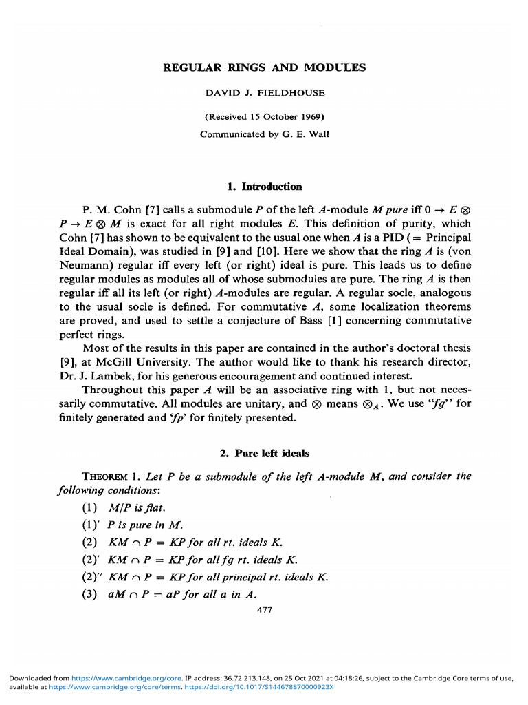 1969 - Regular Rings and Modules - Fieldhouse | PDF | Module (Mathematics) | Ring (Mathematics)