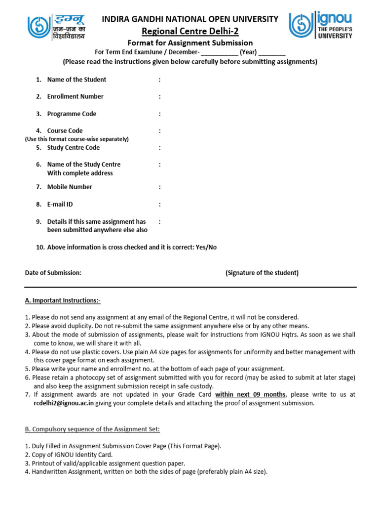 IGNOU Assignment Submission Format | PDF