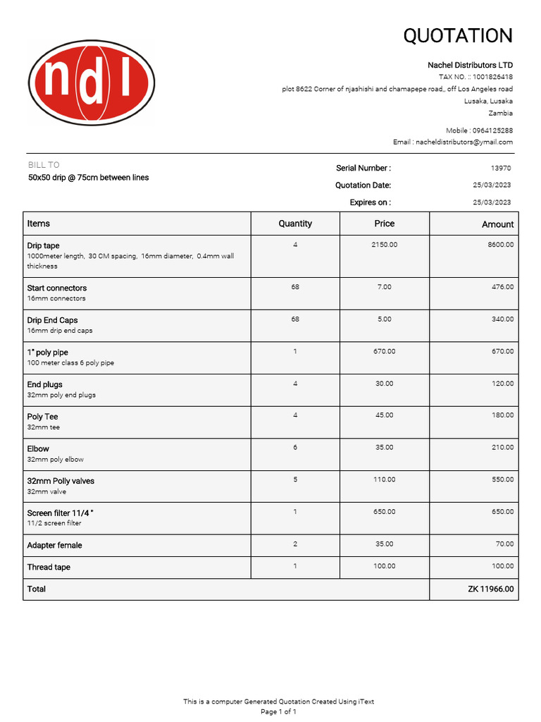 quotation_50x50 drip @ 75cm between lines_13970 | PDF