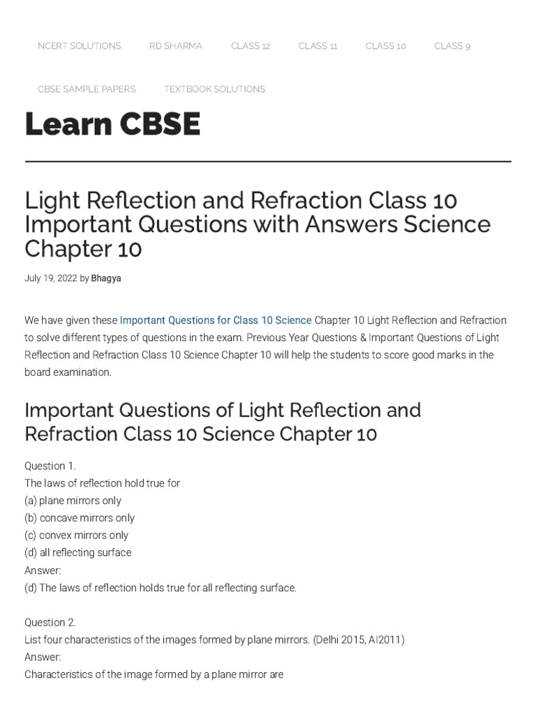 Important Question For Class 10 Science Light Reflection and Refraction ...
