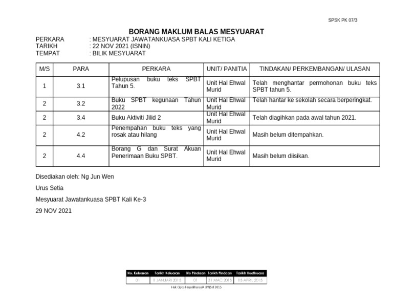 Borang Maklum Balas Mesyuarat SPBT Ke-3 2021 | PDF