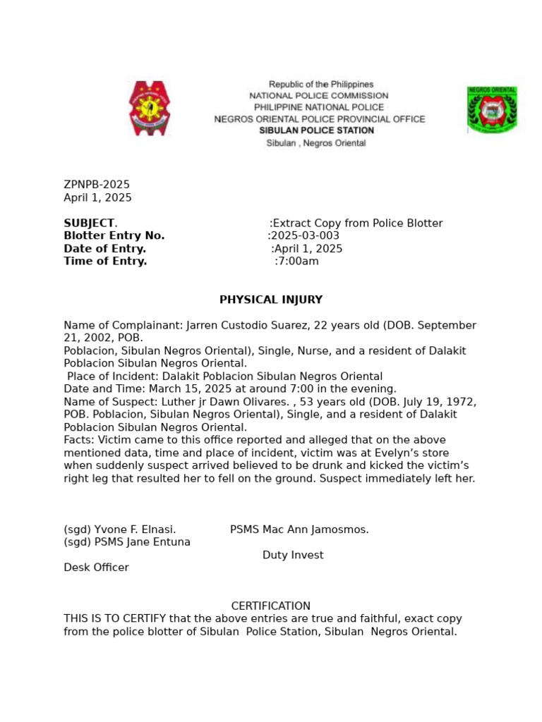 Physical Injury Blotter | PDF