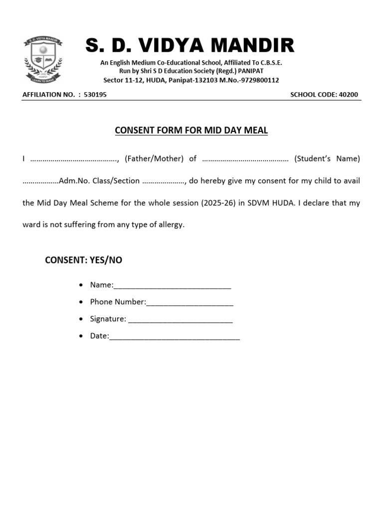 Consent Form For Mid Day Meal | PDF