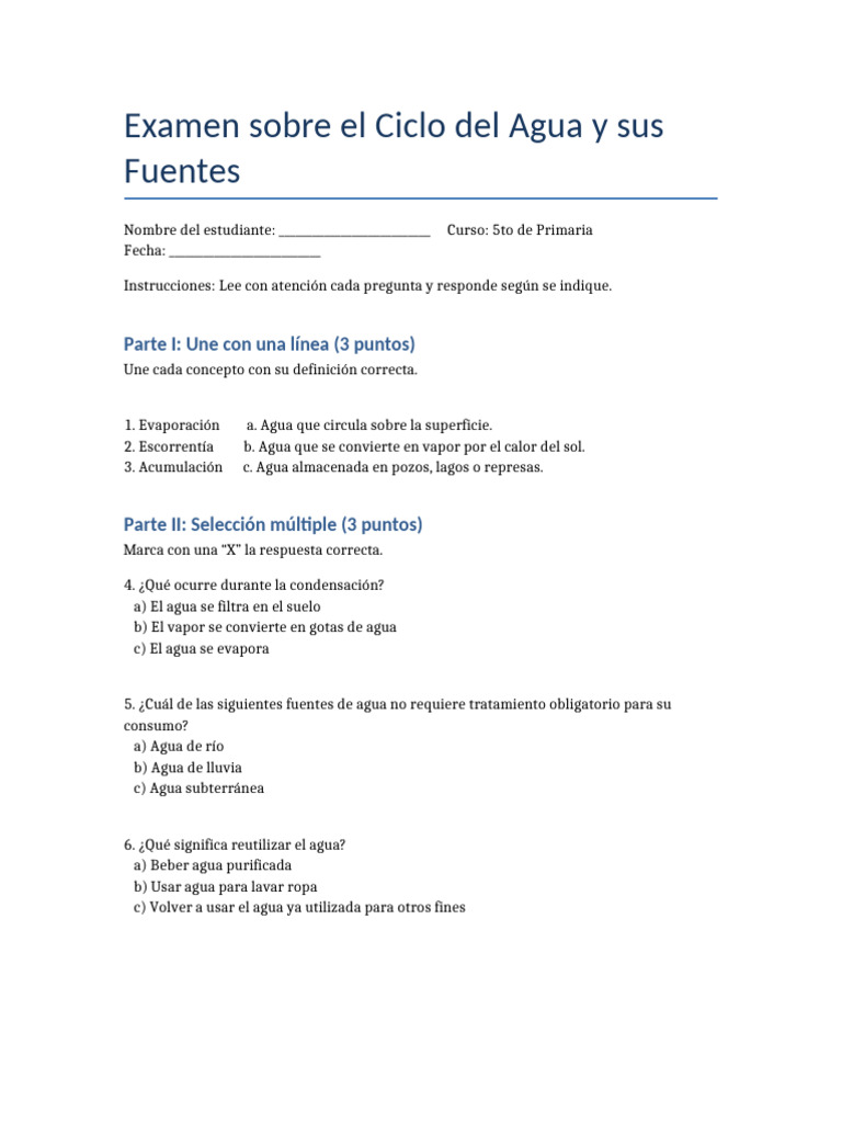 Examen del Ciclo del Agua para 5to Primaria | PDF