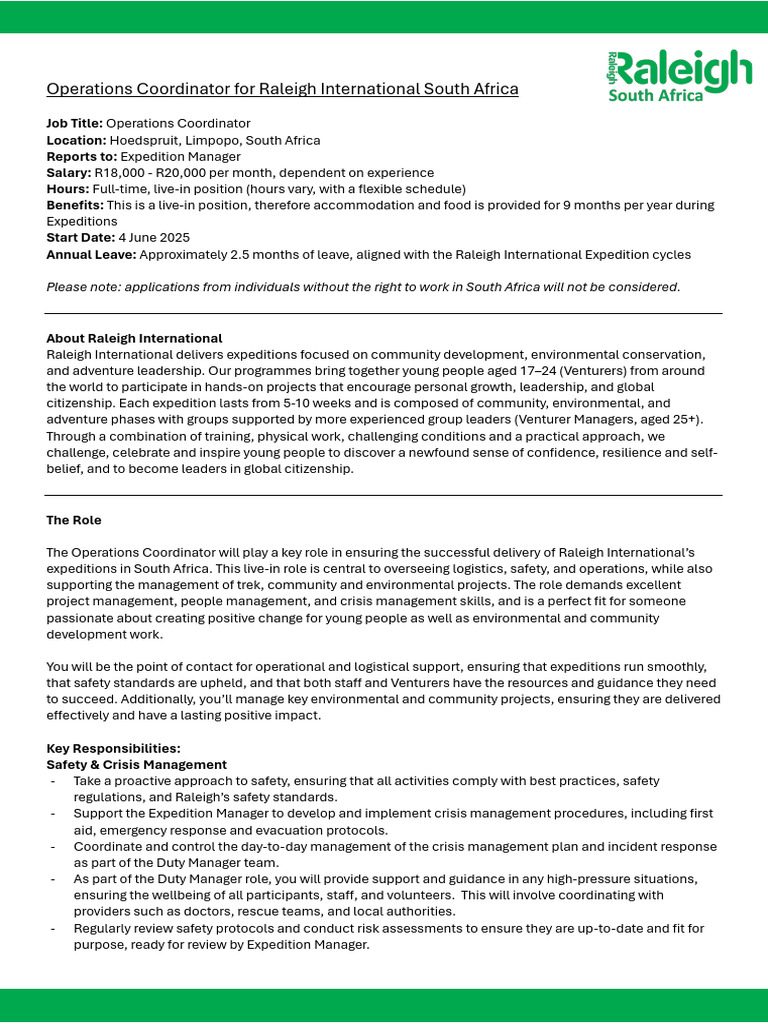 Raleigh-Operations Coordinator Job Description External-March2025 | PDF ...