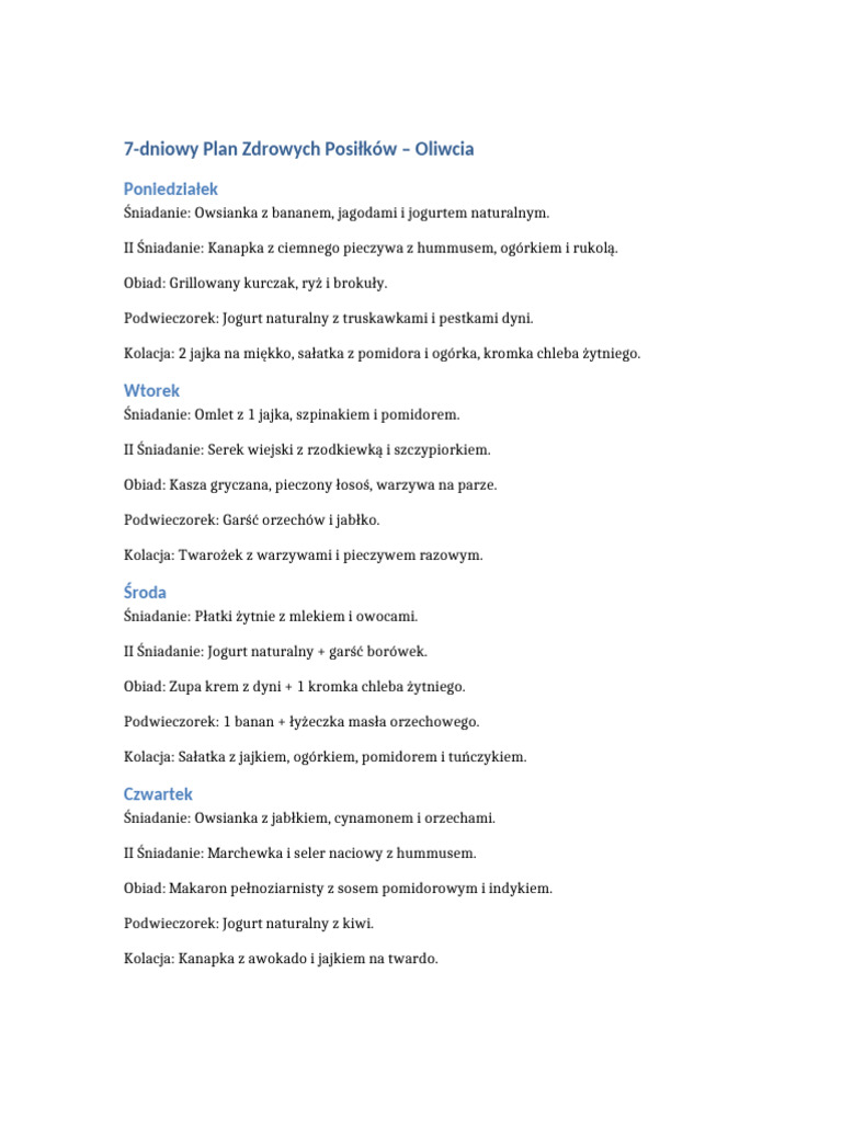 7 Dniowy Plan Posilkow Oliwcia | PDF
