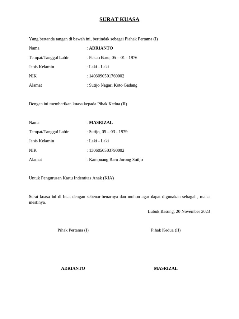 Surat Kuasa Pengurusan KIA | PDF