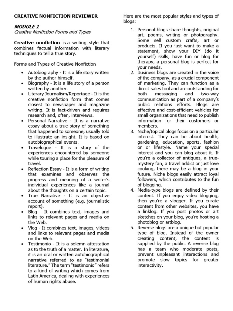 Creative Nonfiction Reviewer | PDF | Creative Nonfiction | Human ...