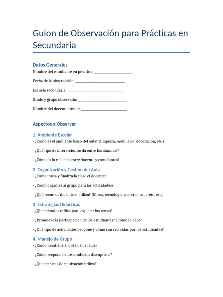 Guion de Observacion Practicas Secundaria | PDF