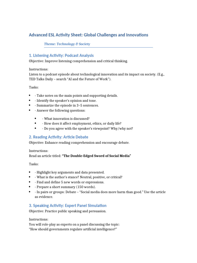 Advanced ESL Activity Sheet | PDF