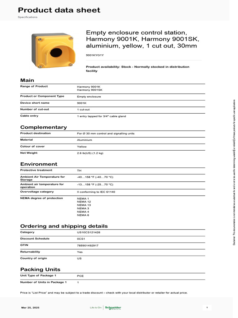 Schneider Electric Harmony 30 MM 9001 K Metal Push Buttons 9001KYG1Y ...