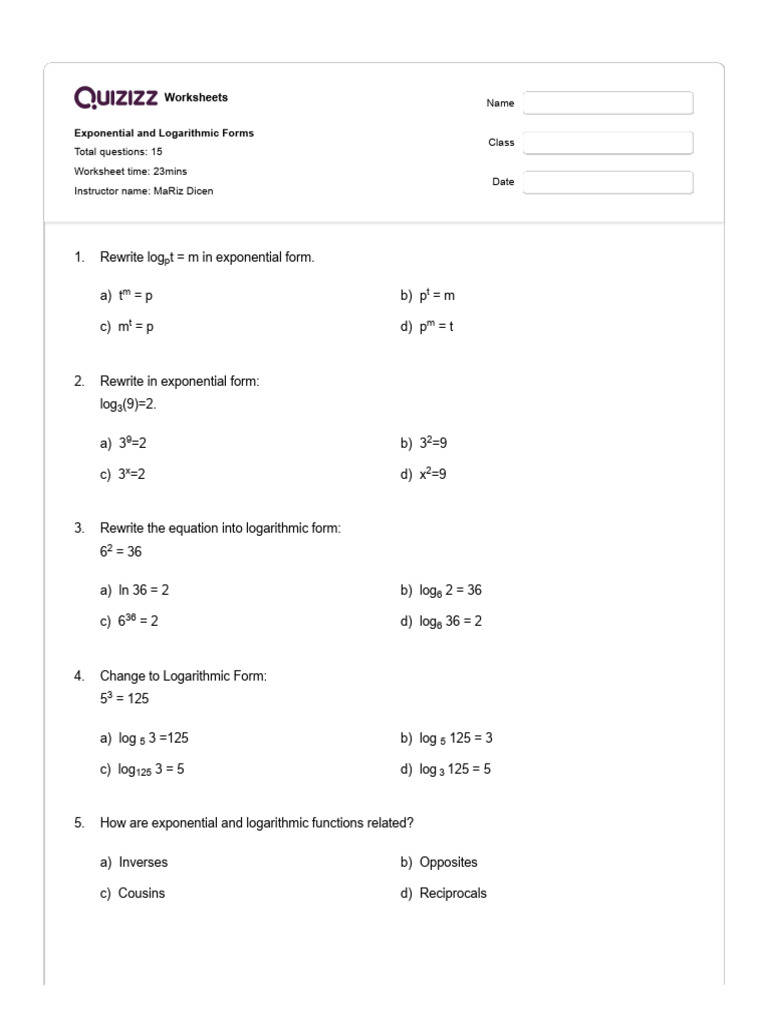 Exponential and Logarithmic Forms - Quizizz | PDF | Logarithm | Special ...