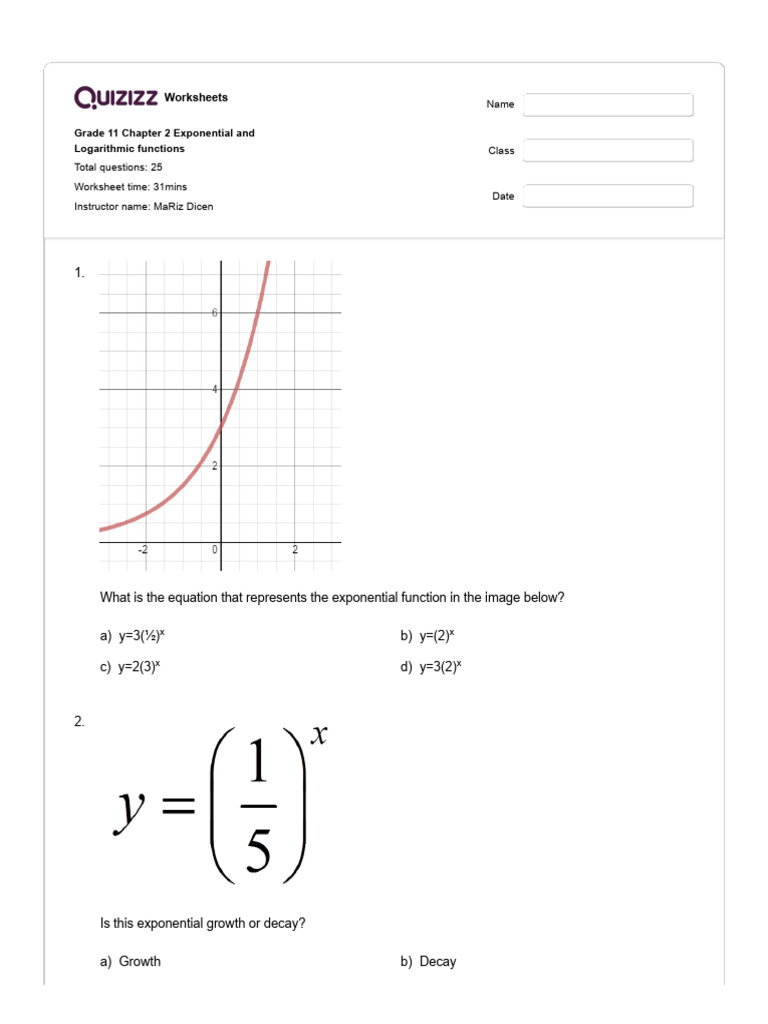 Grade 11 Chapter 2 Exponential and Logarithmic Functions - Quizizz | PDF | Logarithm ...