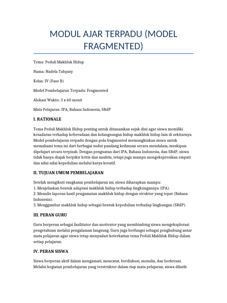 Modul Ajar Fragmented Peduli Makhluk Hidup Nadela | PDF