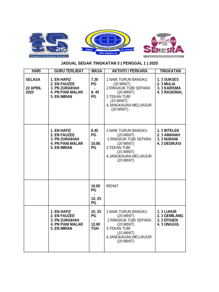 Jadual Segak Pg 2025 1 | PDF
