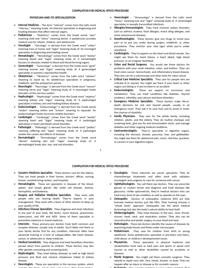 Medical Specialties Overview Guide | PDF | Cost Of Living | Medicine