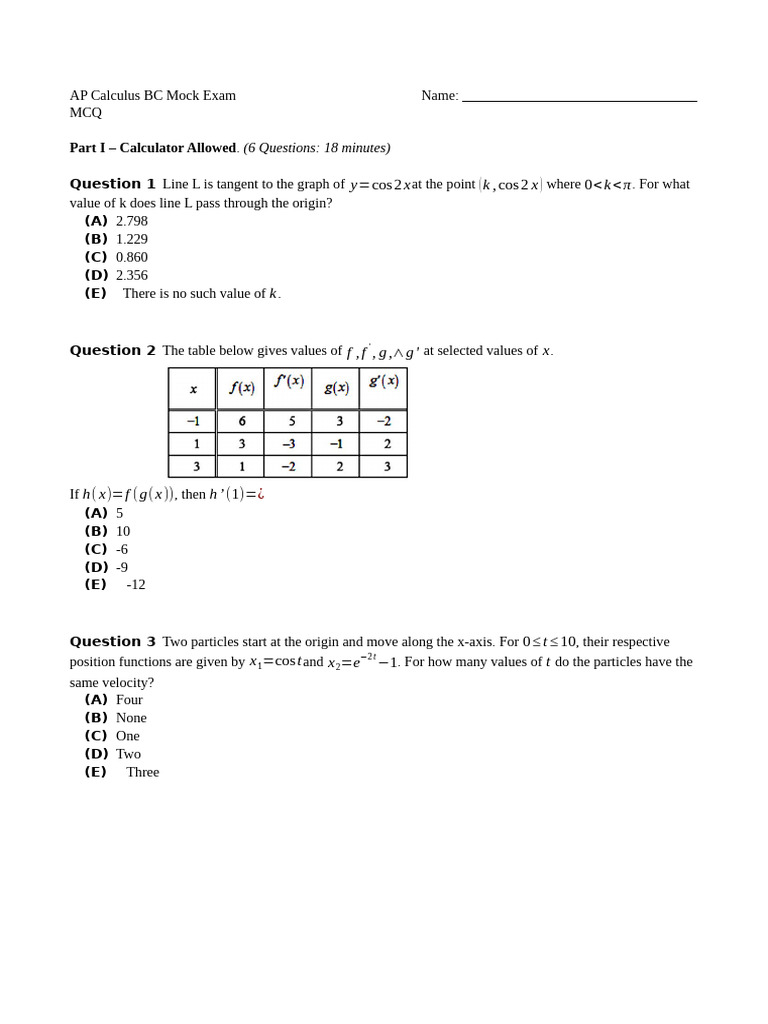 Ap Calc Bc Mock Exam Mcq V2 Pdf Tangent Euclidean Geometry