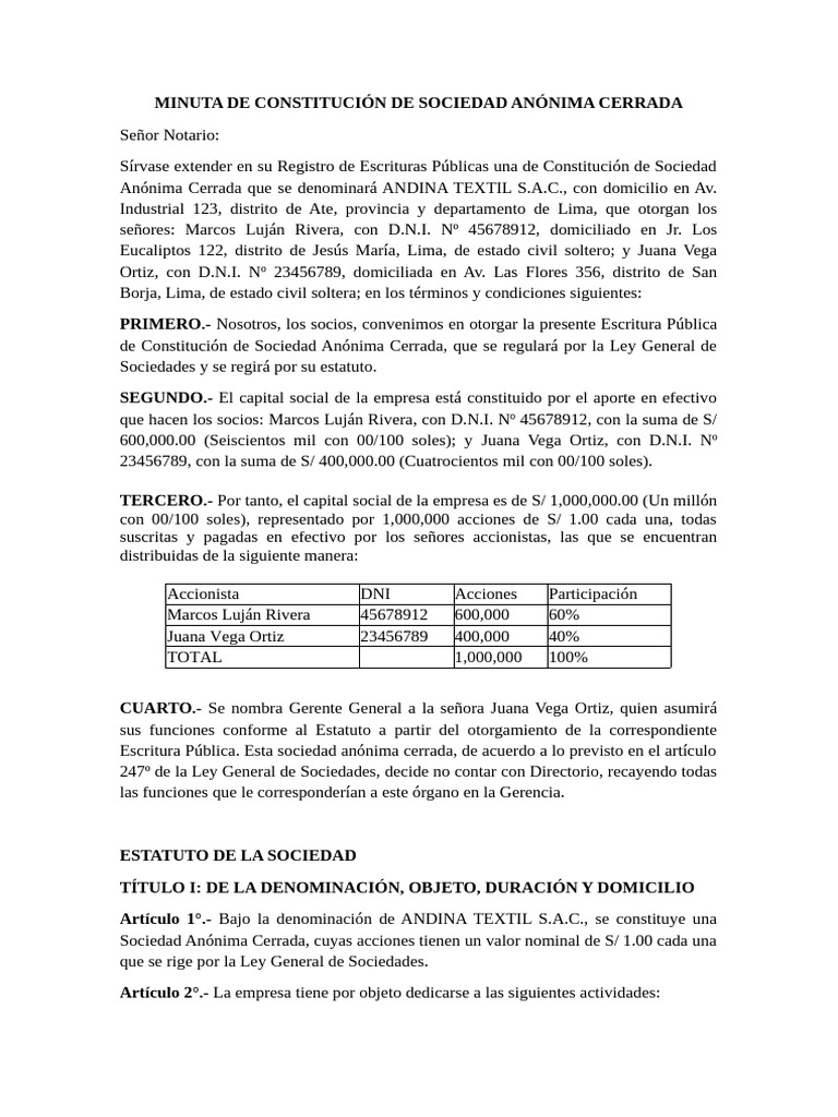 Minuta de Constitución de Sociedad Anónima Cerrada | PDF | Bancos | Compartir (Finanzas)