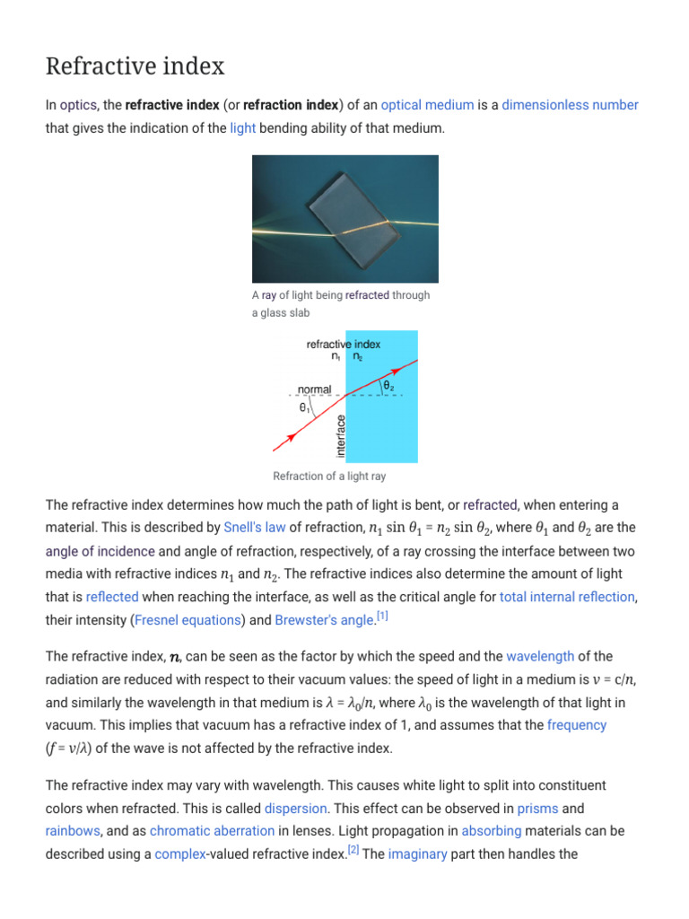 Refractive Index - Wikipedia | PDF | Refractive Index | Refraction