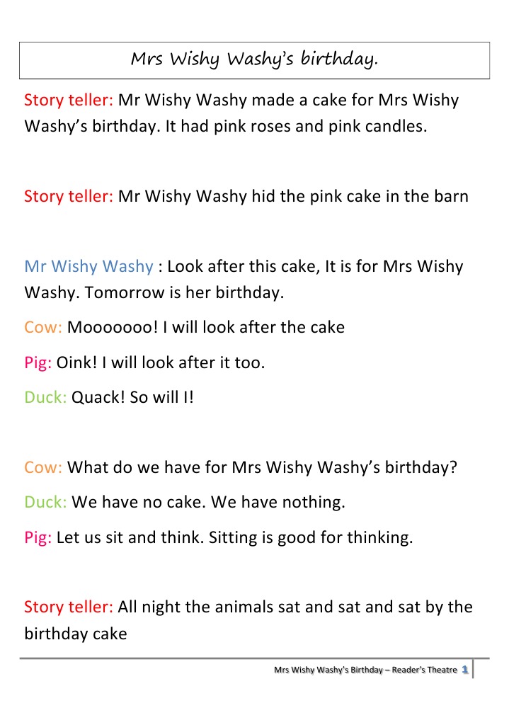 Mrs Wishy Washy's Birhday Readers Theatre | PDF