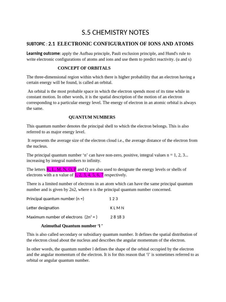 S.5 Chem Notes New Curri | PDF | Atomic Orbital | Energy Level