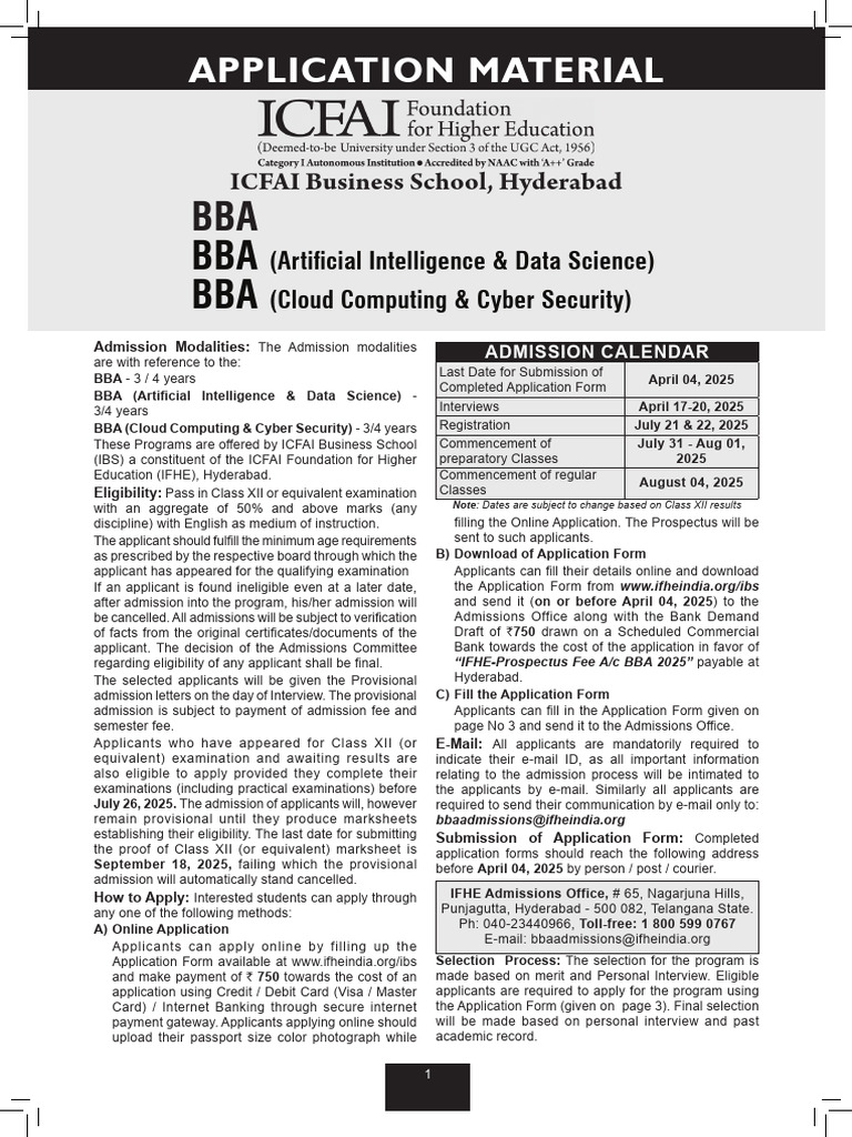 IFHE BBA Application Form Hyderabad 2025 | PDF | Fee | Payments