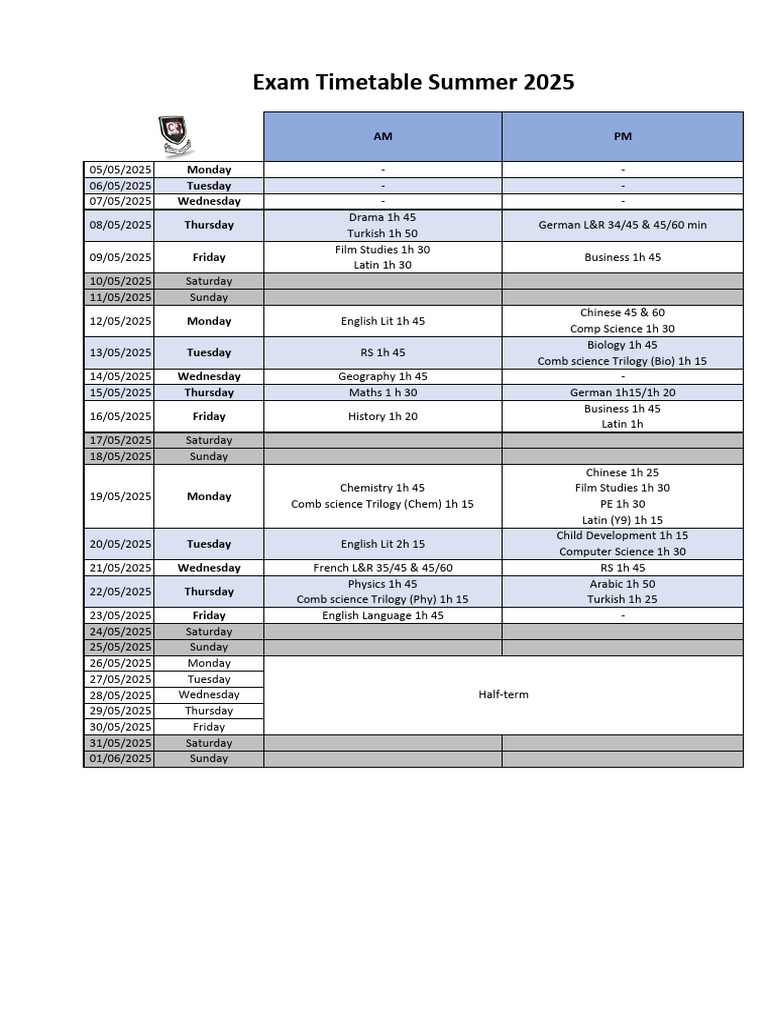 Summer 2025 Exam Timetable | PDF