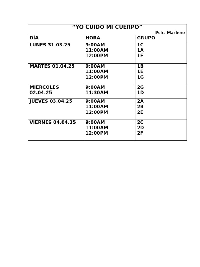 Yo Cuido Mi Cuerpo Horario | PDF