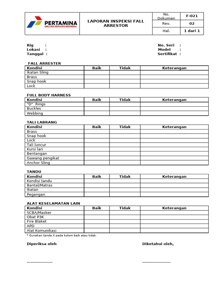 FORM 021 REV.02 LAPORAN INSPEKSI FALL ARREST | PDF