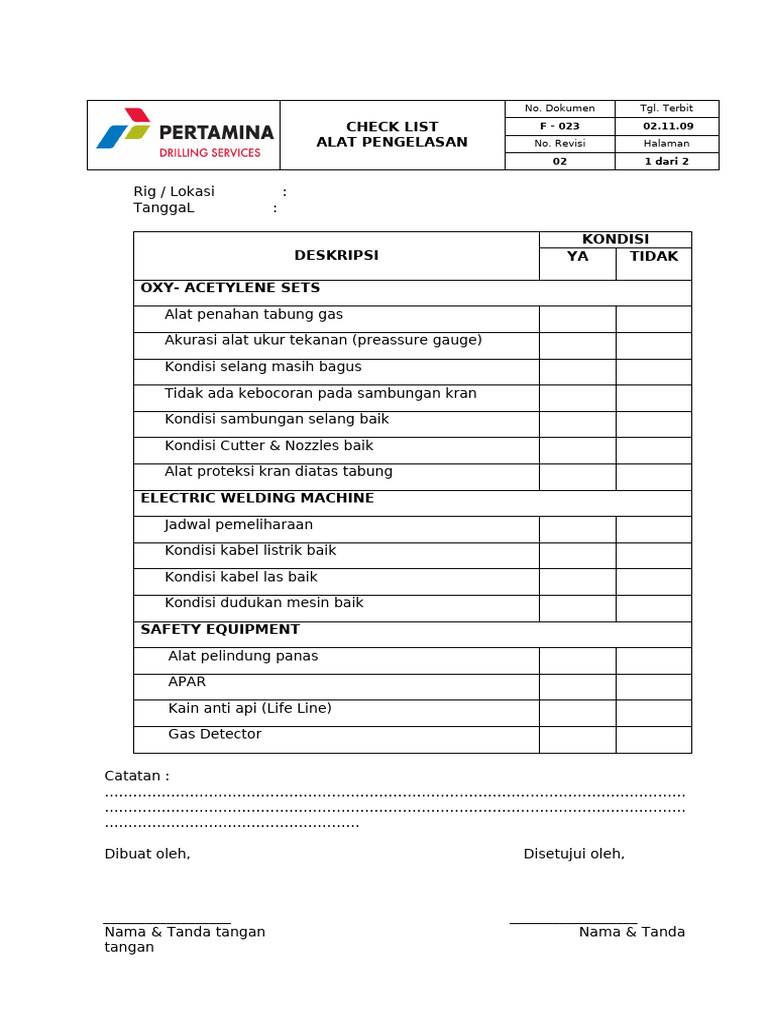 Checklist Alat Pengelasan F-023 | PDF