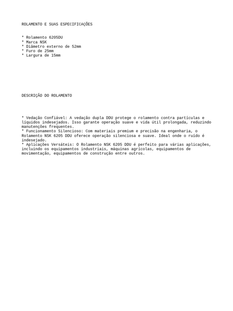 Rolamento NSK 6205DU: Especificações e Vantagens | PDF