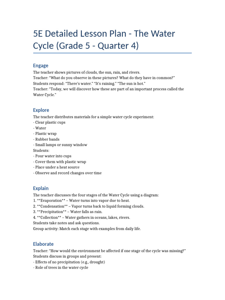 5E Water Cycle Lesson Plan Grade5 | PDF