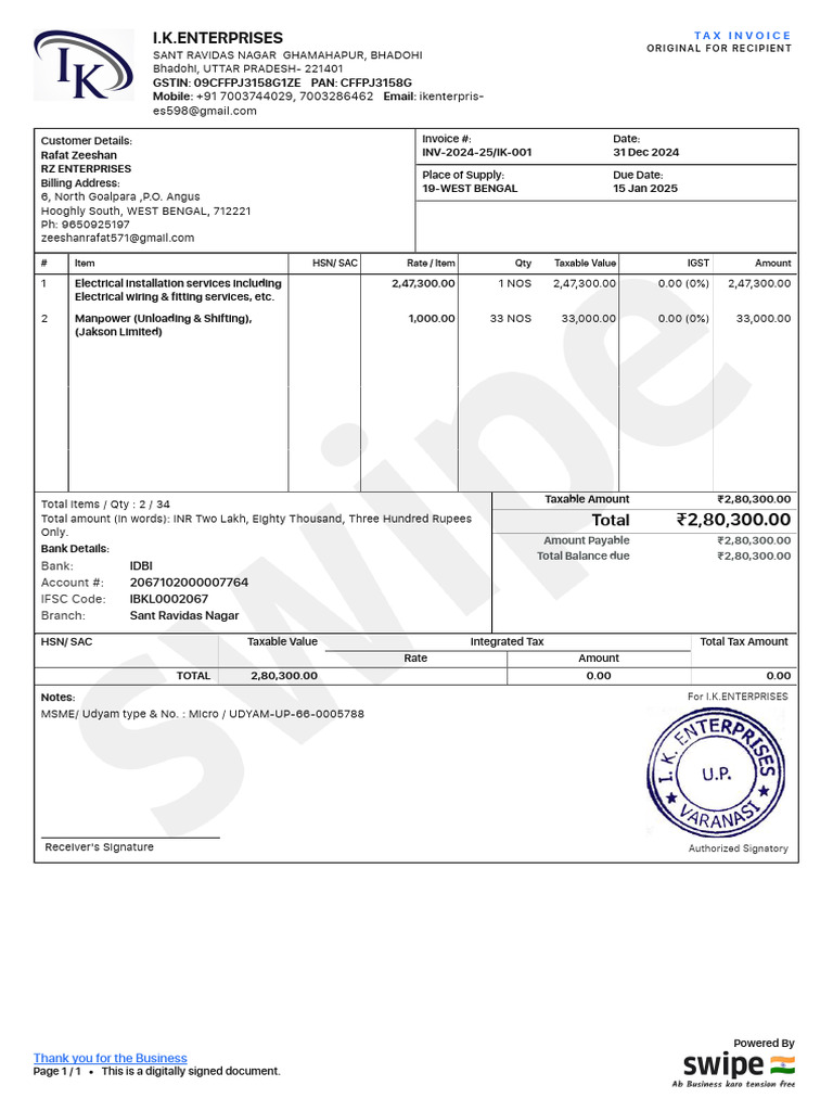 Invoice I.k.enterprises Inv 2024 25 Ik 001 | PDF | Taxation | Economy ...