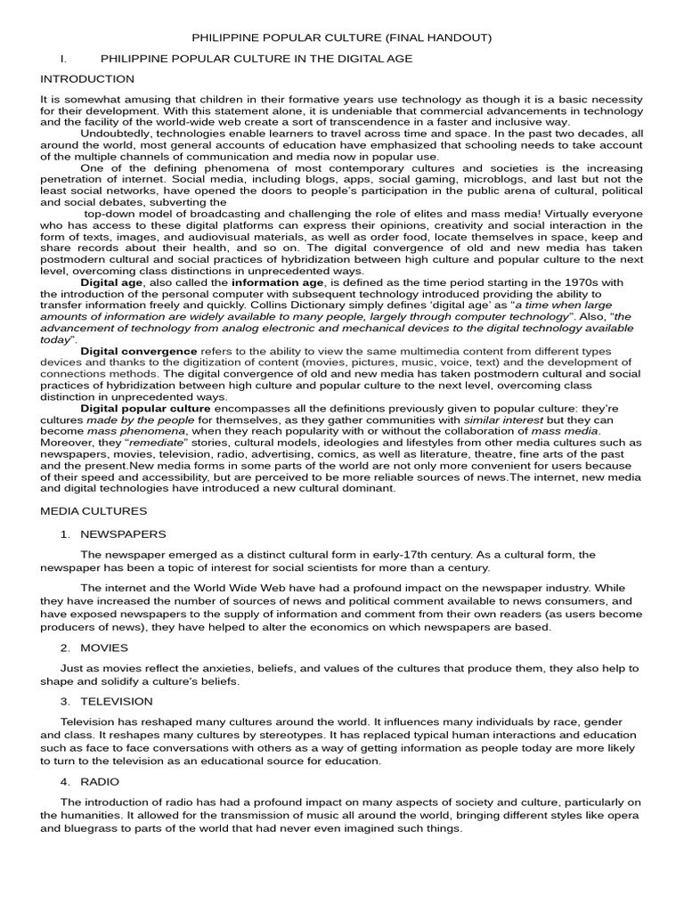 Philippine Popular Culture (Final Handout) | PDF | New Media | Popular Culture
